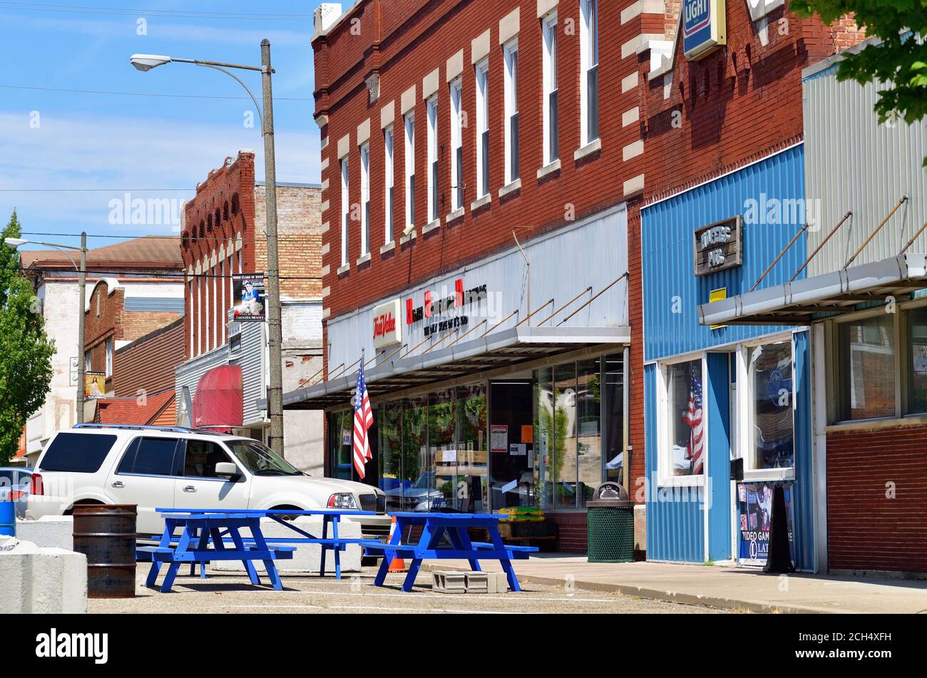 Henry, Illinois, USA. Some old building facades on Main Street in a ...