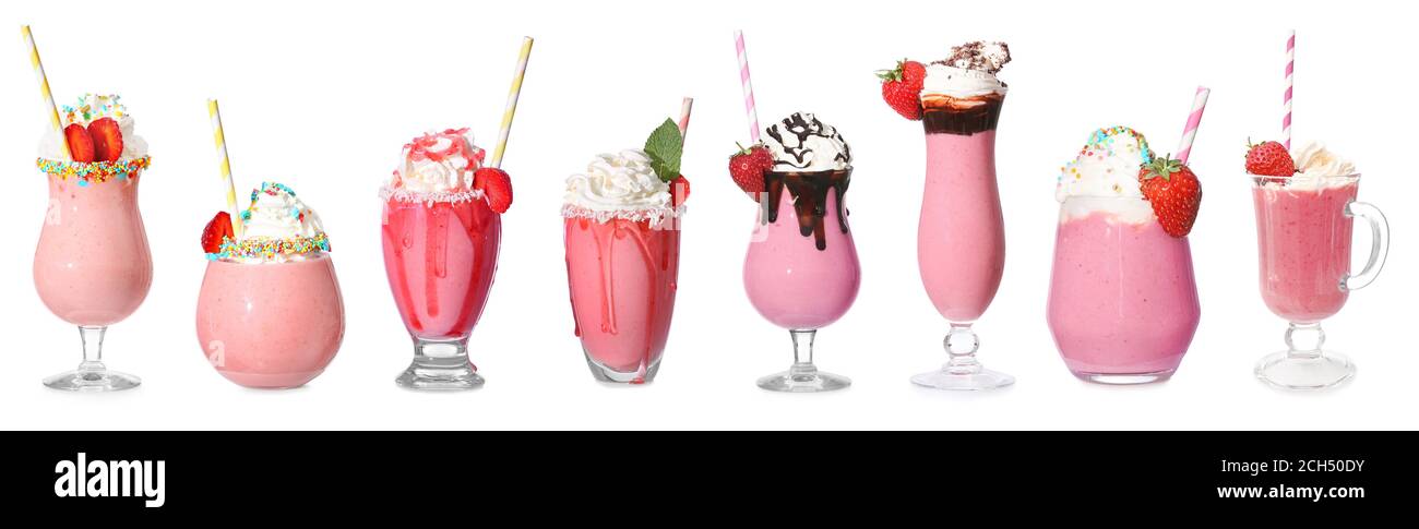 Tasty strawberry milkshake on white background Stock Photo - Alamy