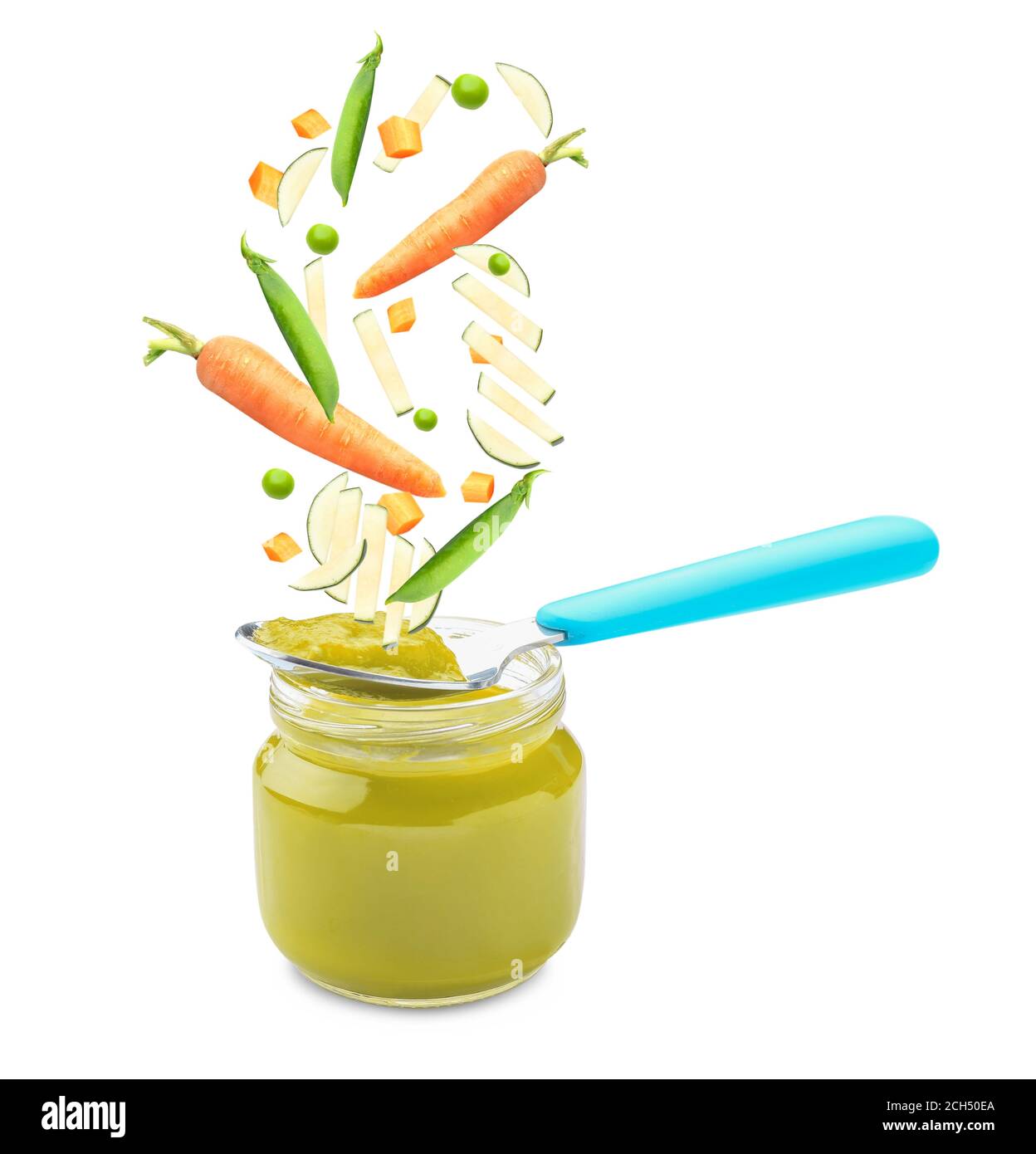 Jar with healthy baby food and falling ingredients on white background ...