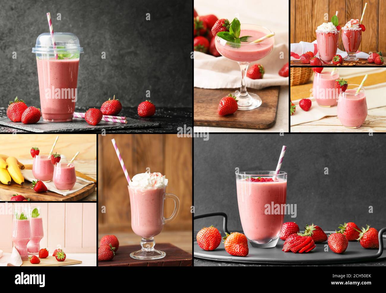 Collage of photos with tasty strawberry smoothie and milkshake Stock ...