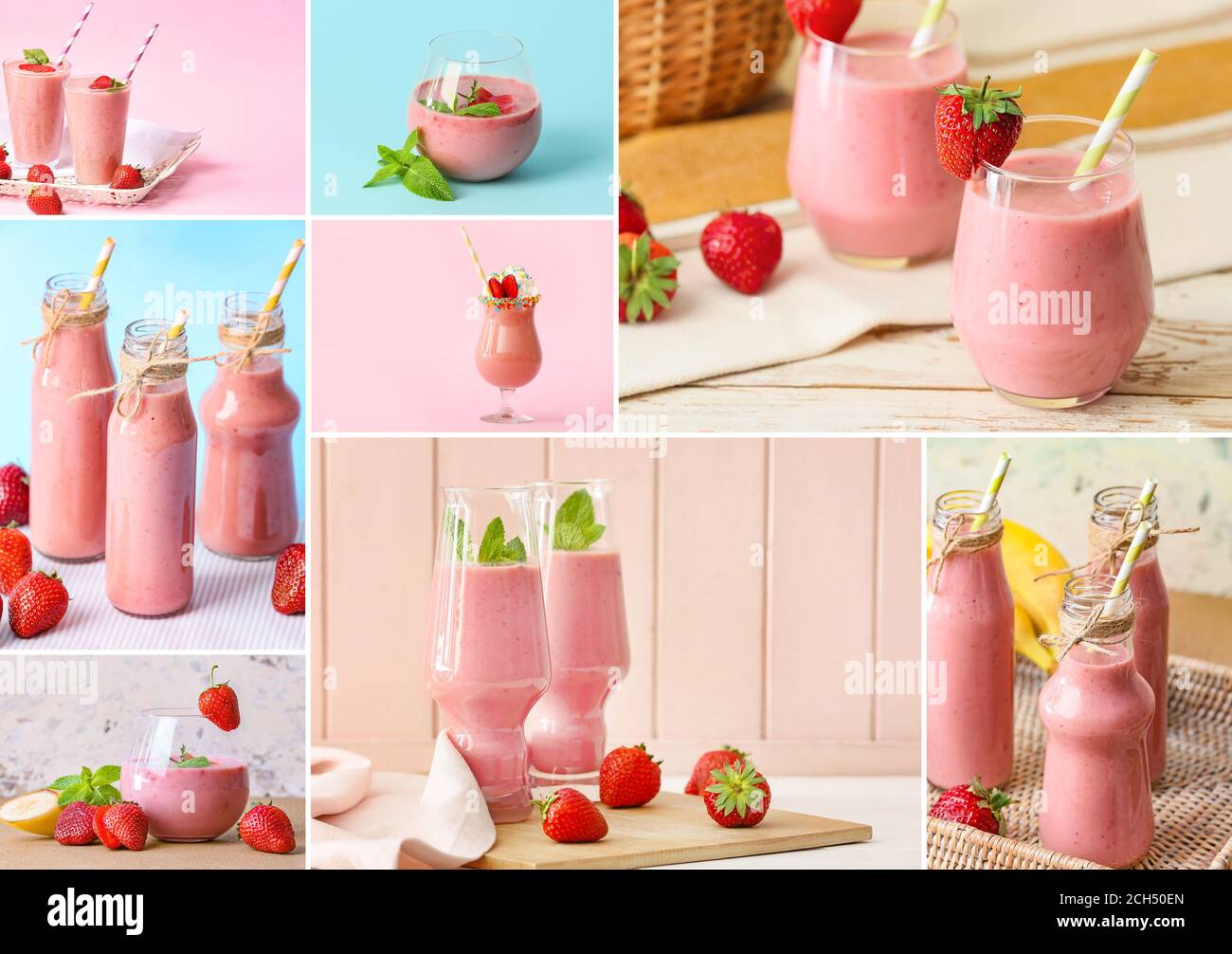 Collage of photos with tasty strawberry smoothie Stock Photo - Alamy