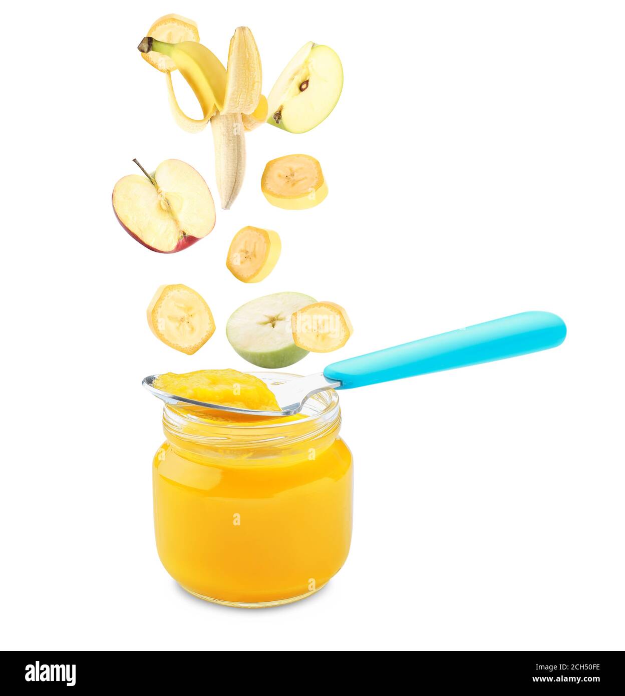 Jar with healthy baby food and falling ingredients on white background ...