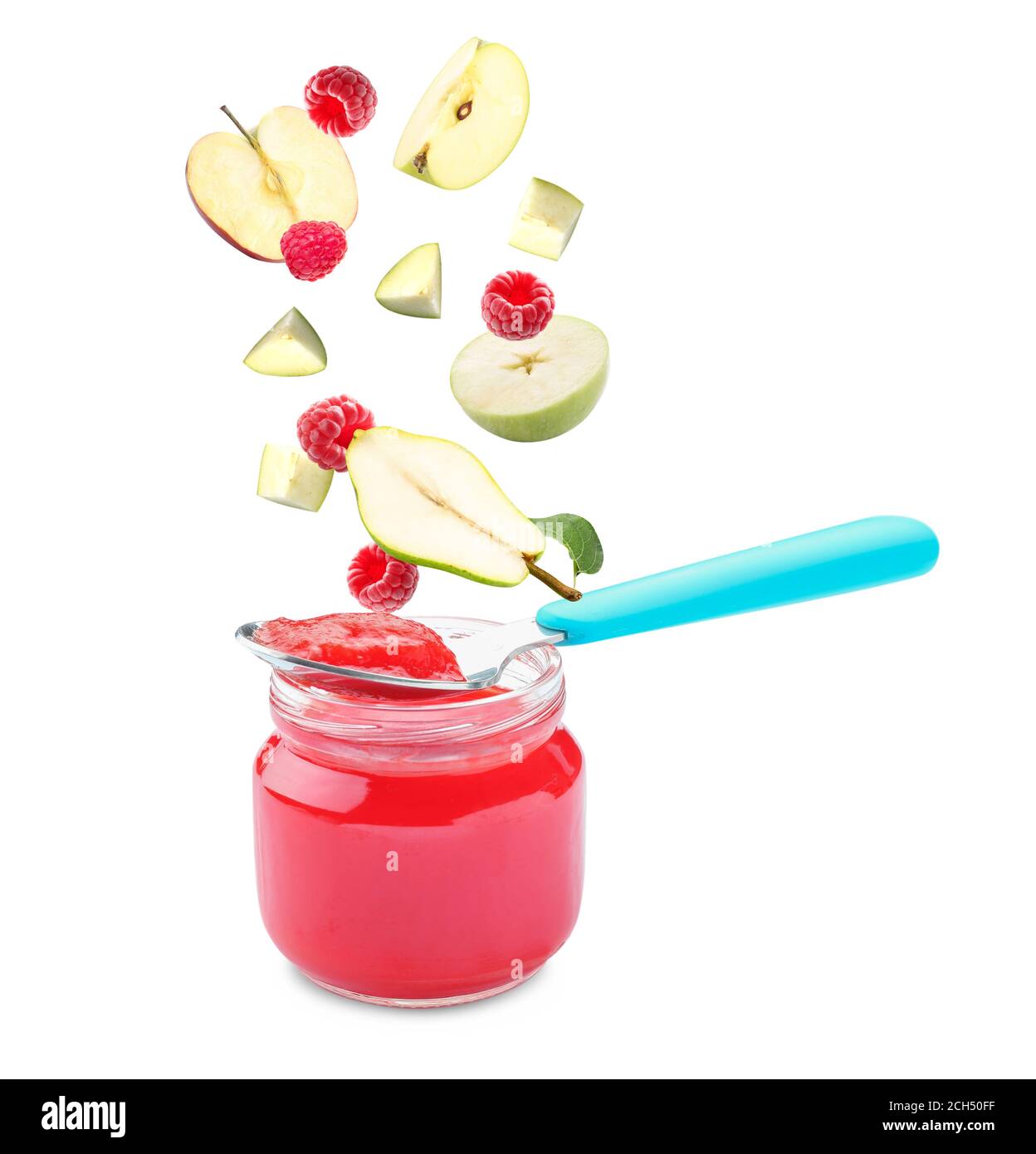 Jar with healthy baby food and falling ingredients on white background ...