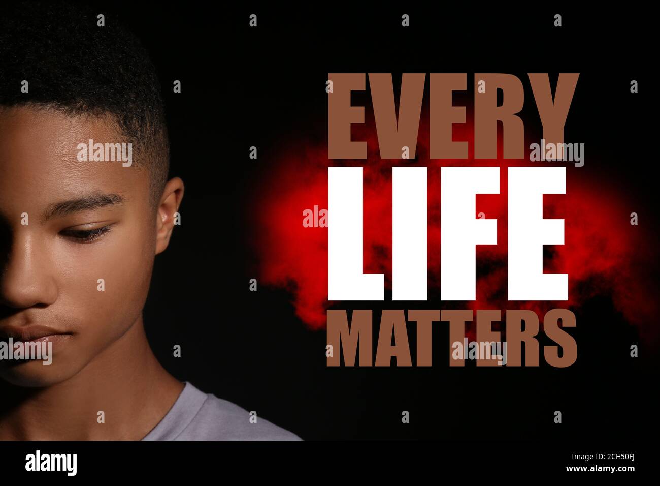 Sad African-American teenage boy on dark background with text EVERY ...