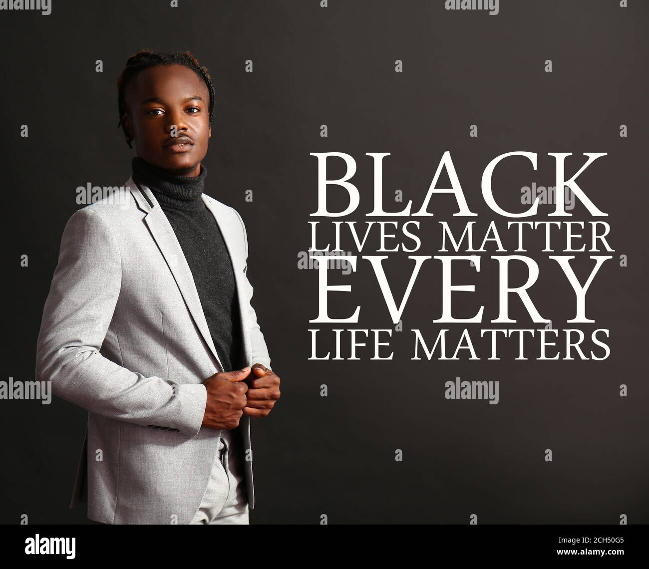 African-American man on dark background with text BLACK LIVES MATTER ...