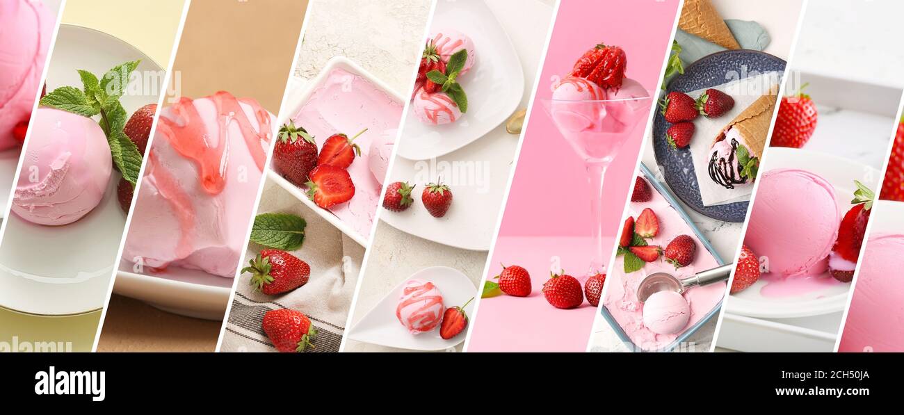 Collage of photos with tasty strawberry ice cream Stock Photo - Alamy