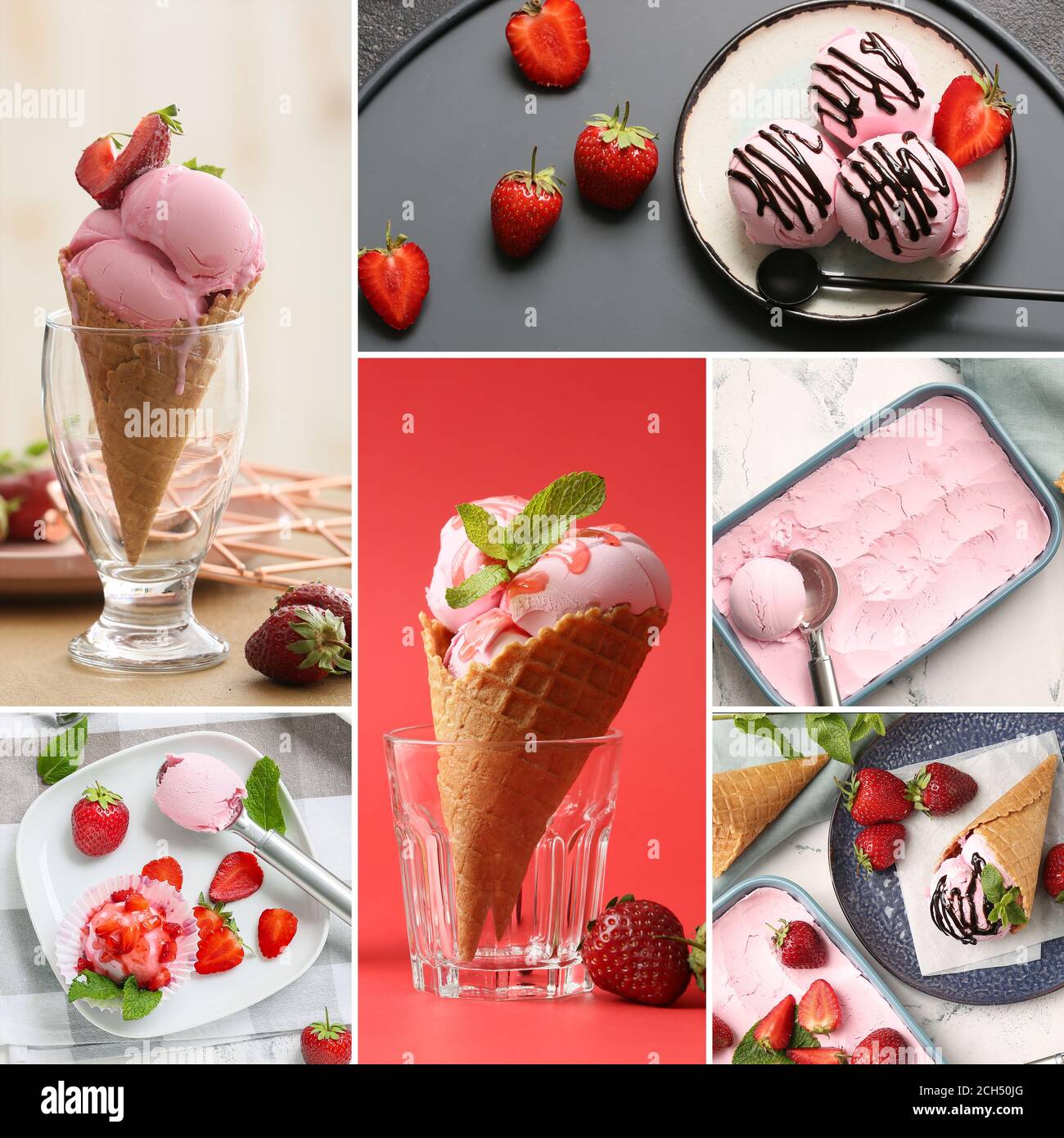 Collage of photos with tasty strawberry ice cream Stock Photo - Alamy