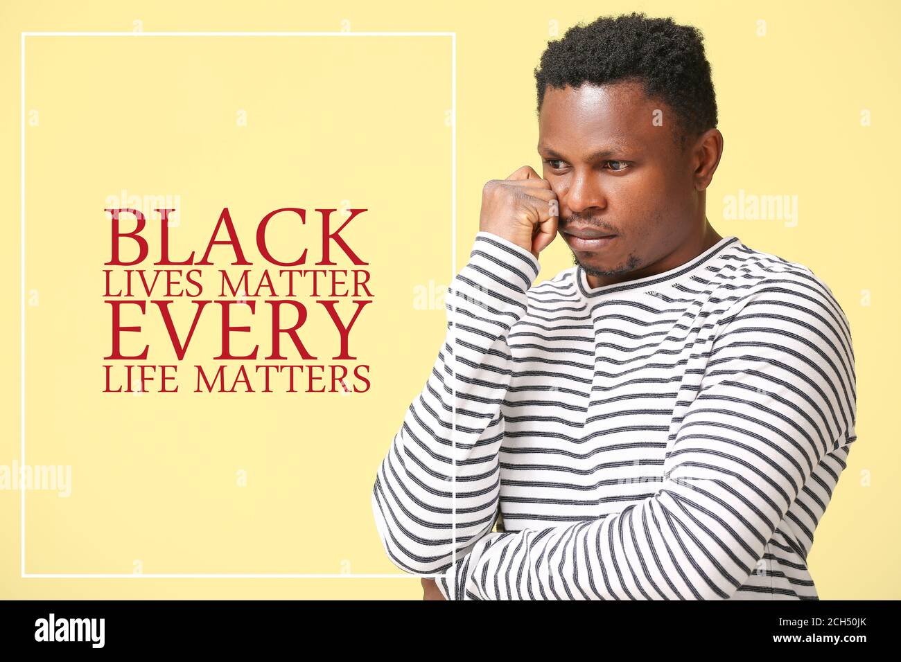 Sad African-American man on color background with text BLACK LIVES ...
