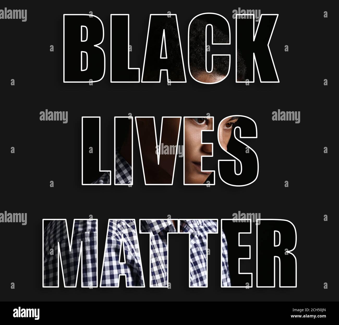 Sad African-American teenage boy and text BLACK LIVES MATTER on dark ...