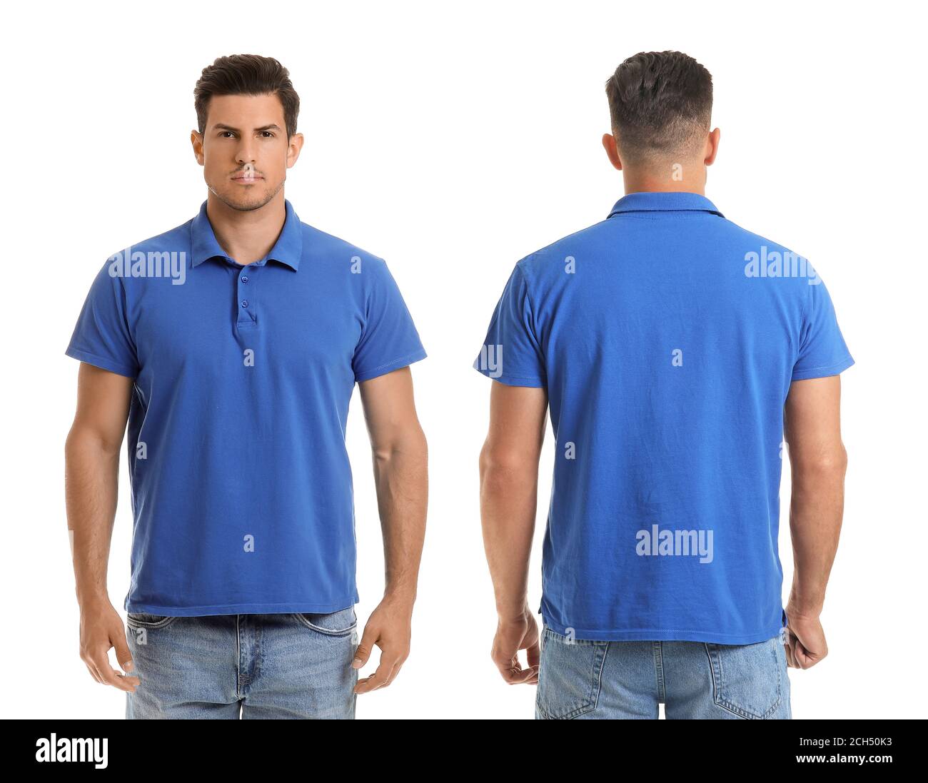 Young man in stylish t-shirt on white background. Front and back view ...
