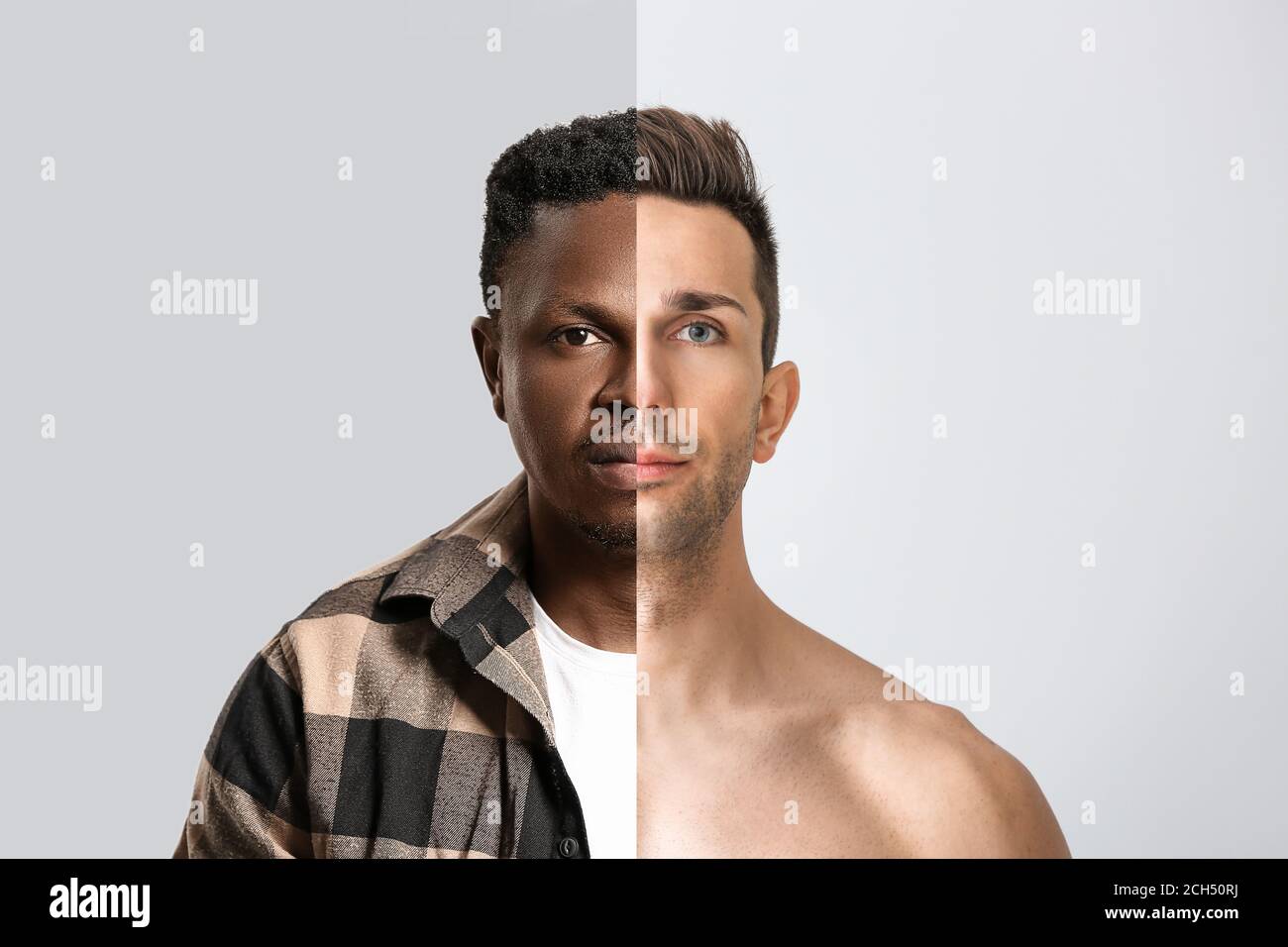 Comparison portrait of African-American and Caucasian men on light ...