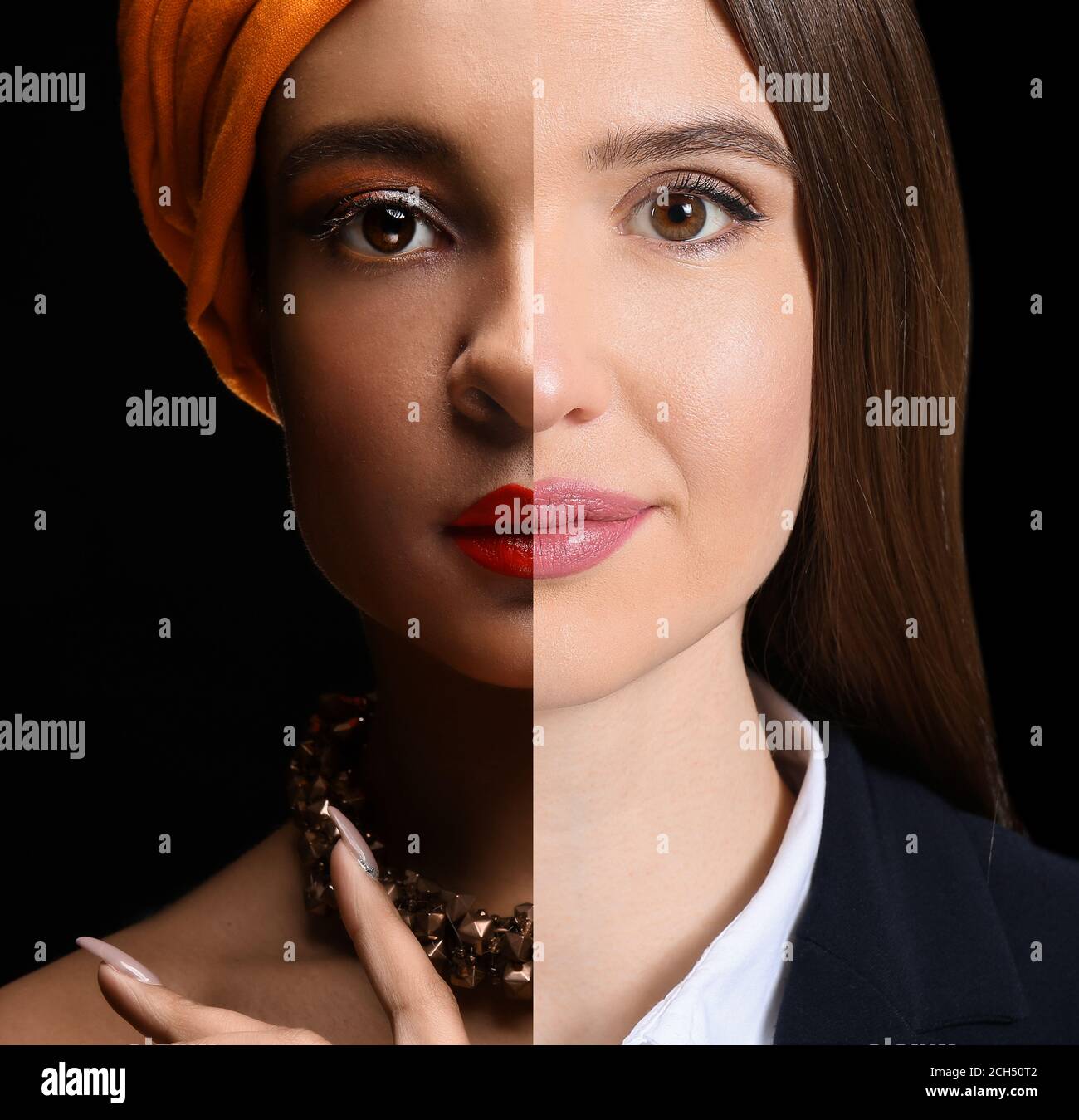 Comparison portrait of African-American and Caucasian women on dark ...