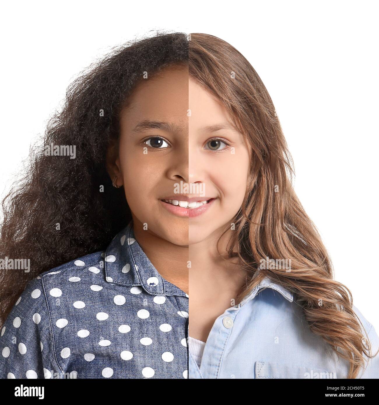 Comparison portrait of African-American and Caucasian girls on white ...