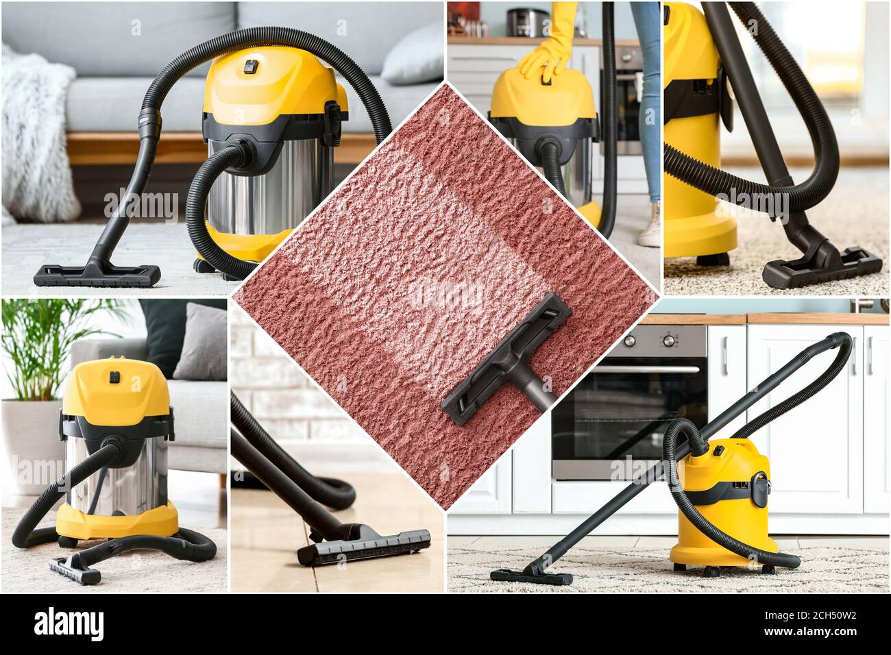 Collage of photos with modern vacuum cleaner at home Stock Photo - Alamy