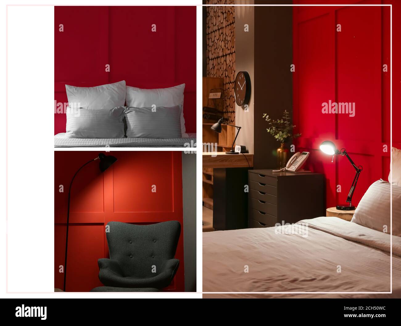 Collage of photos with modern hotel room in evening Stock Photo - Alamy