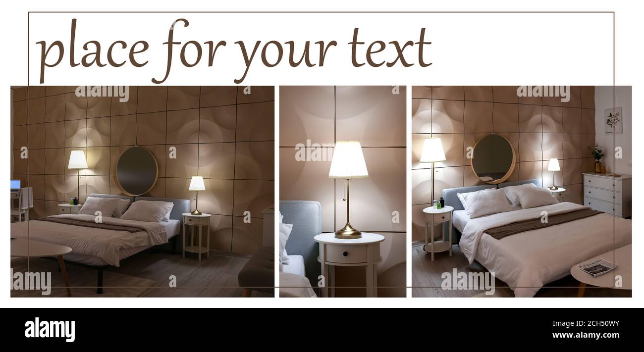 Collage of photos with modern hotel room and space for text Stock Photo ...