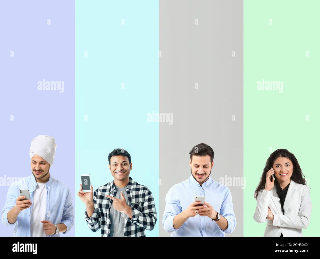 Collage of photos with young Indian people using mobile phones Stock ...