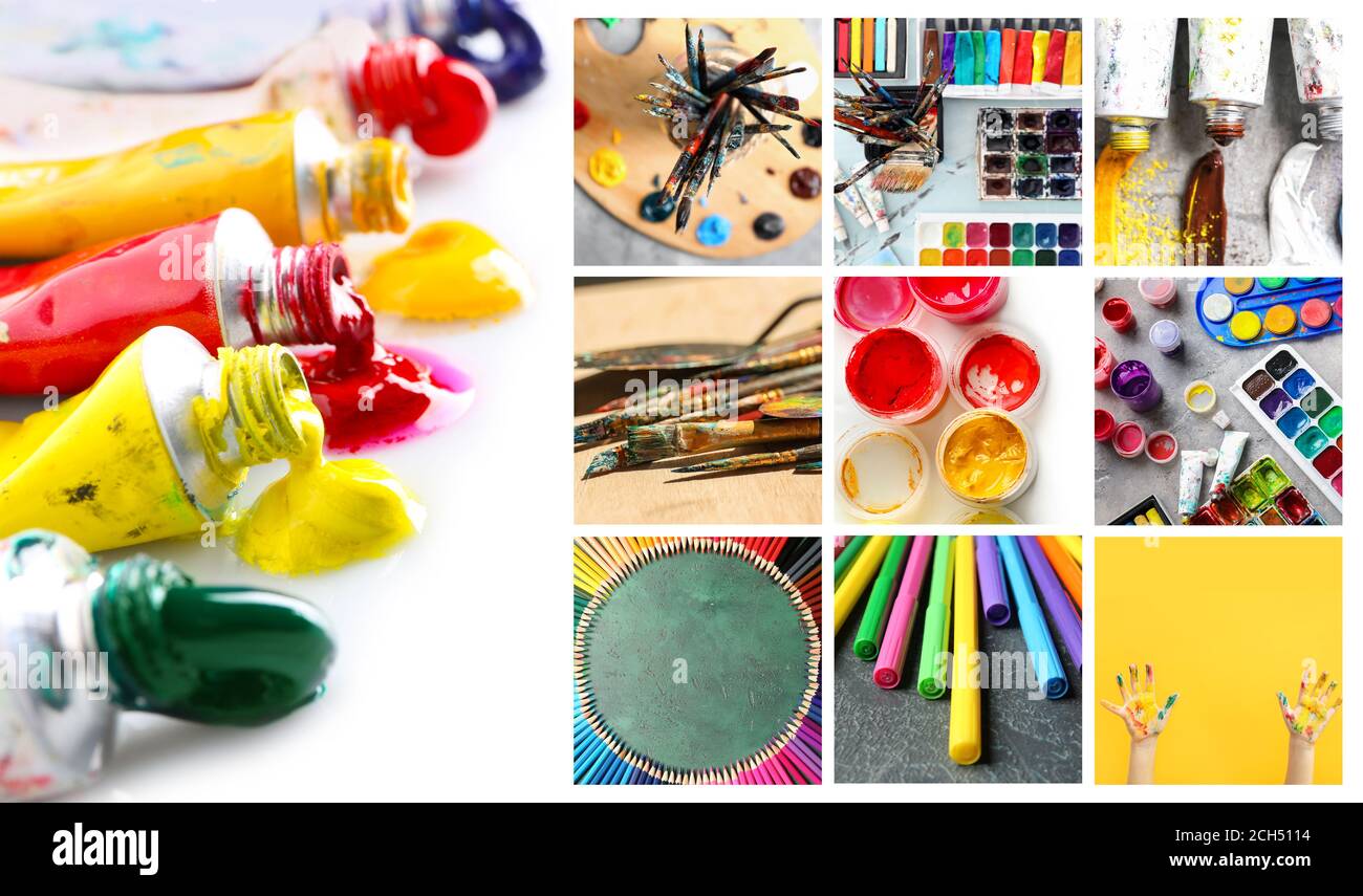Collage of photos with artist's tools and paints Stock Photo - Alamy