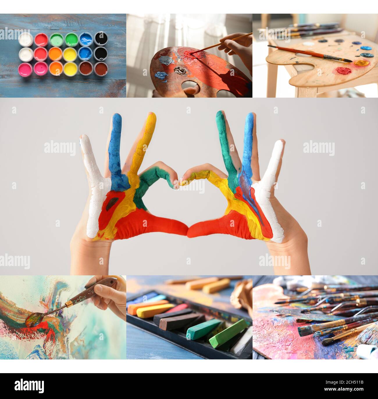 Collage with hands in paint and different artist's supplies Stock Photo ...