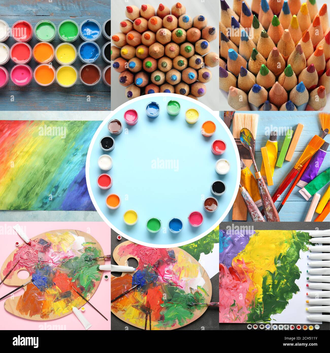 Collage with paints and tools of professional artist Stock Photo - Alamy
