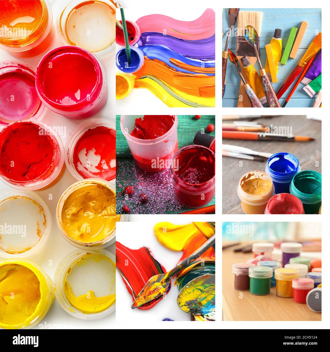 Collage with bright paints and tools of professional artist Stock Photo ...