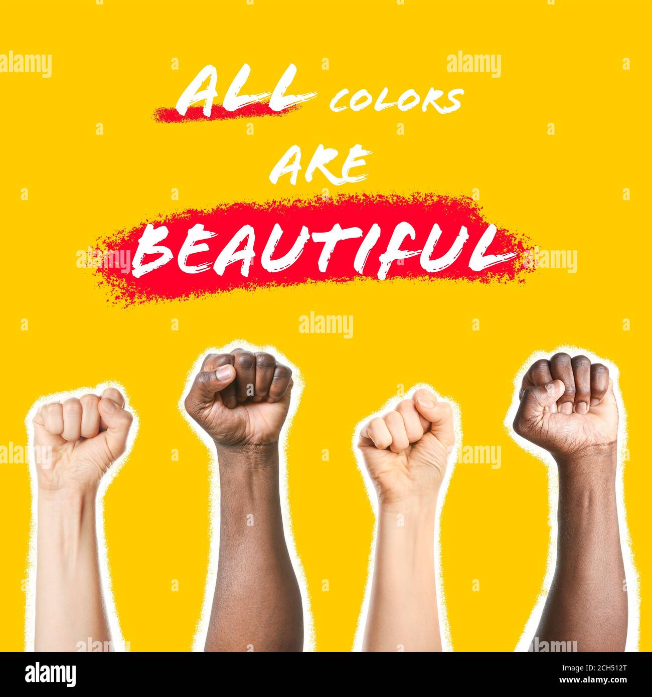 Hand of different people with clenched fists on color background. Stop ...