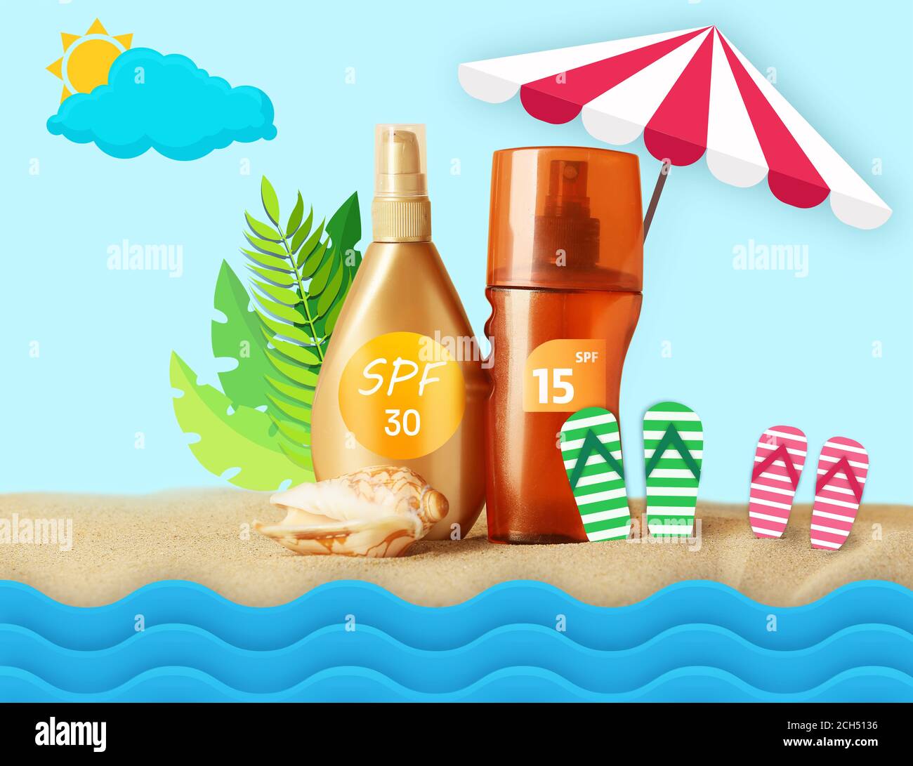 Creative composition with bottles of sunscreen cream on drawn beach ...