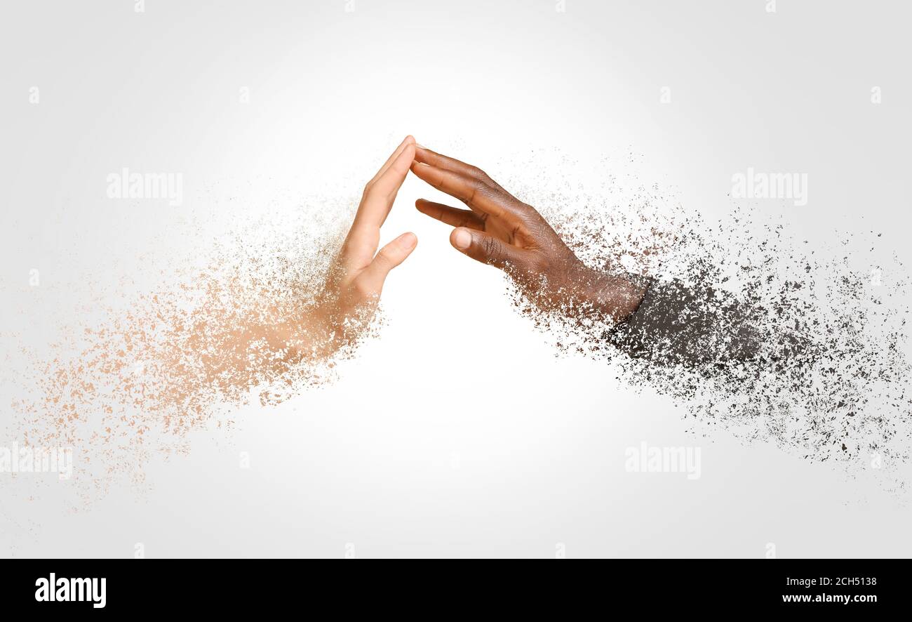 Hands of Caucasian woman and African-American man touching each other ...