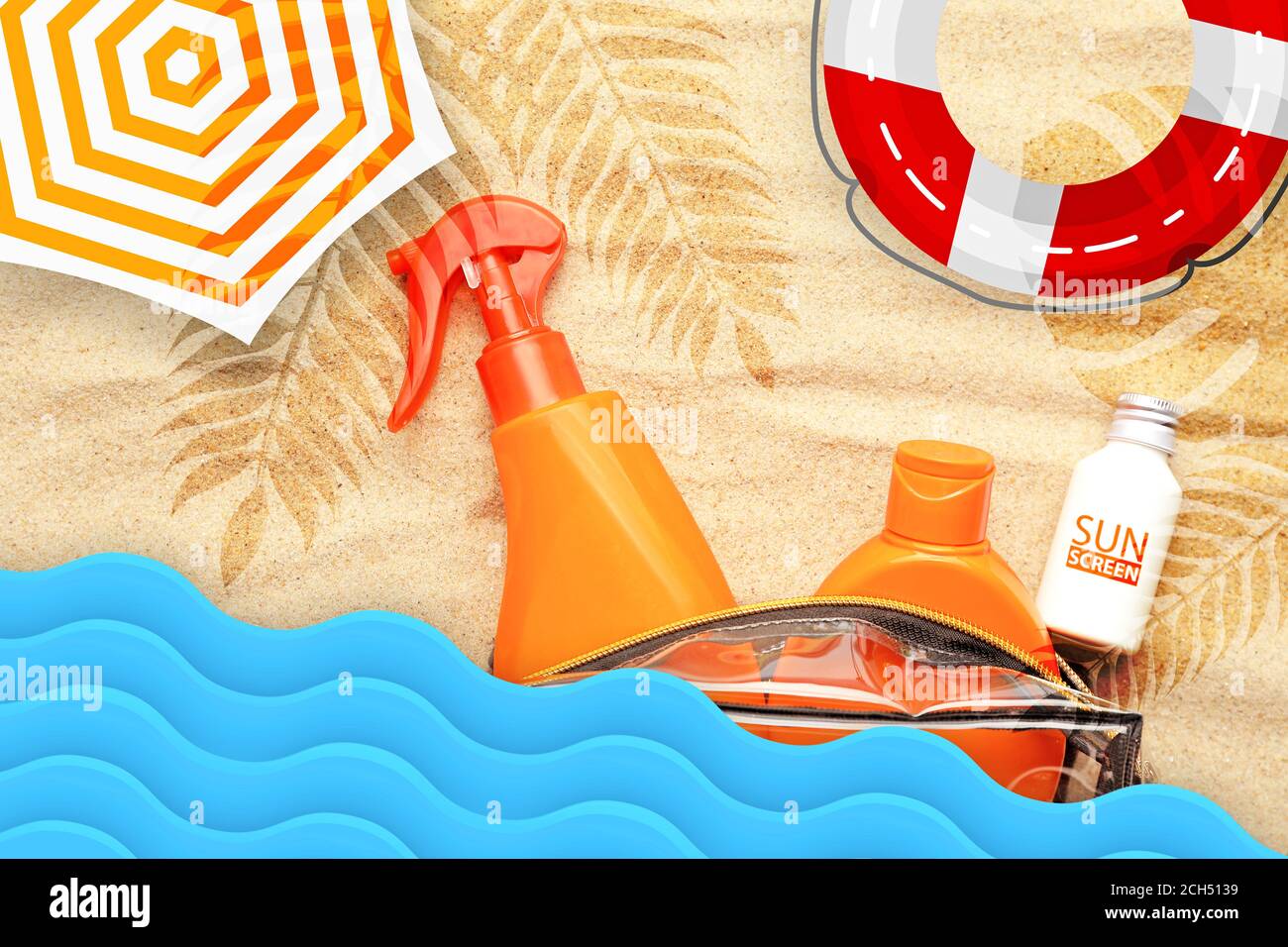 Creative composition with sunscreen cream on beach sand with drawings ...