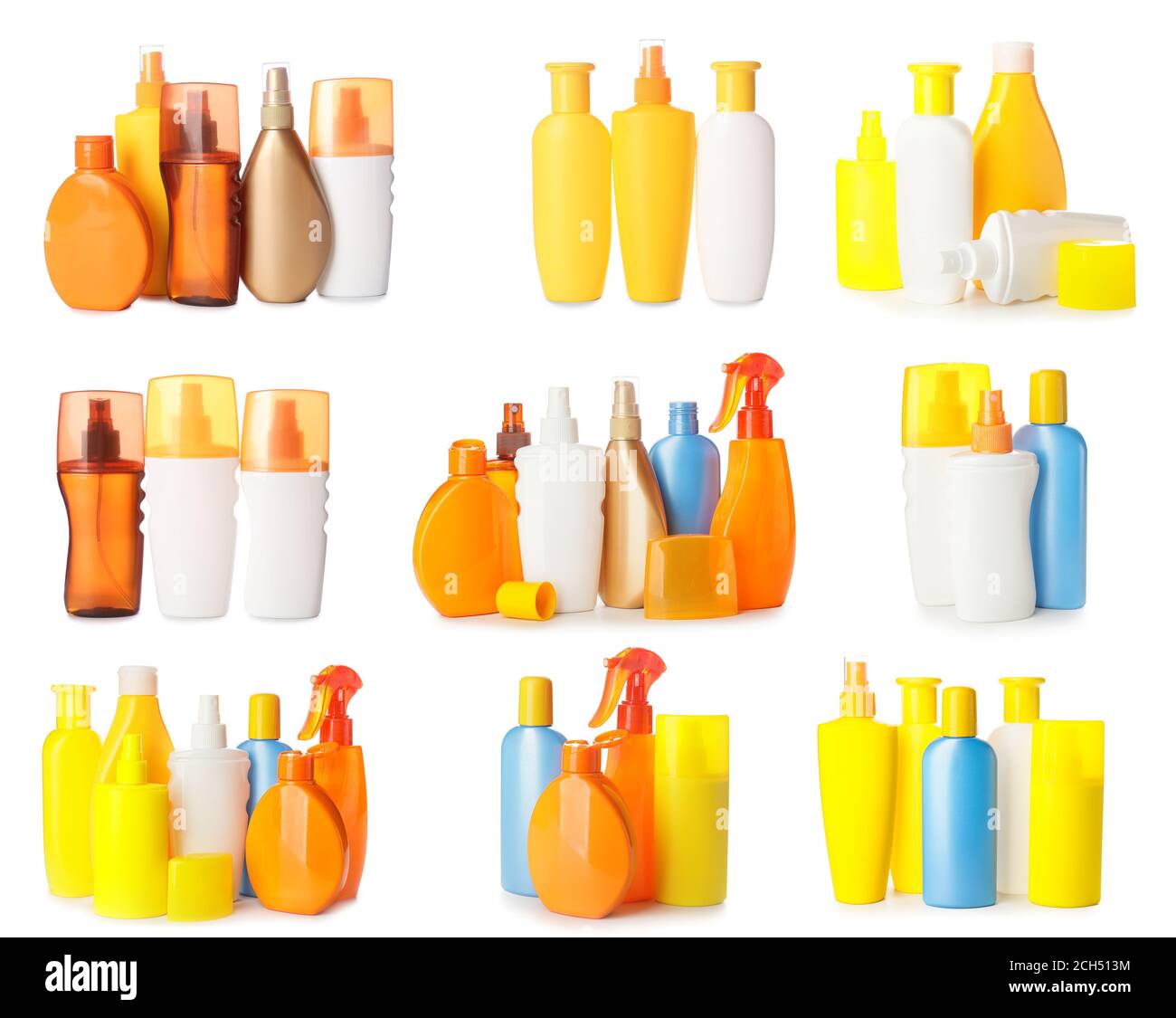 Many bottles of sunscreen on white background Stock Photo - Alamy