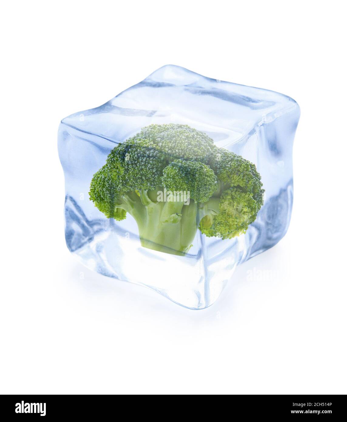 Ice cube with fresh broccoli cabbage on white background Stock Photo ...
