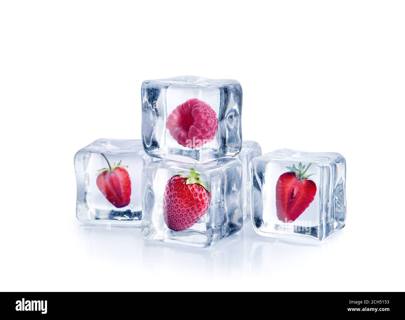Ice cubes with strawberries and raspberry on white background Stock ...