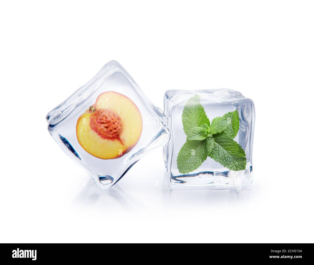 Ice cubes with mint and peach on white background Stock Photo - Alamy