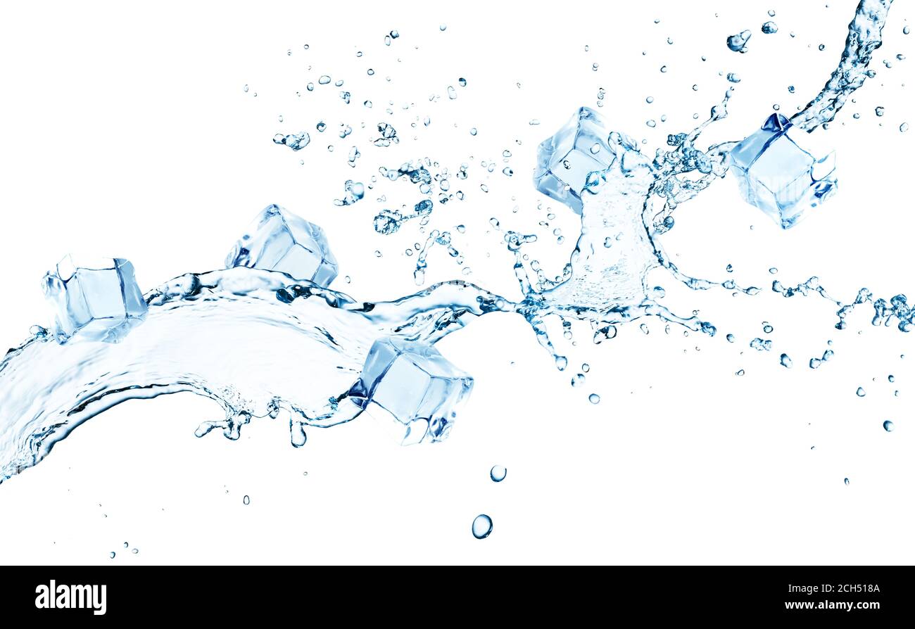 Ice cubes with splash of water on white background Stock Photo - Alamy