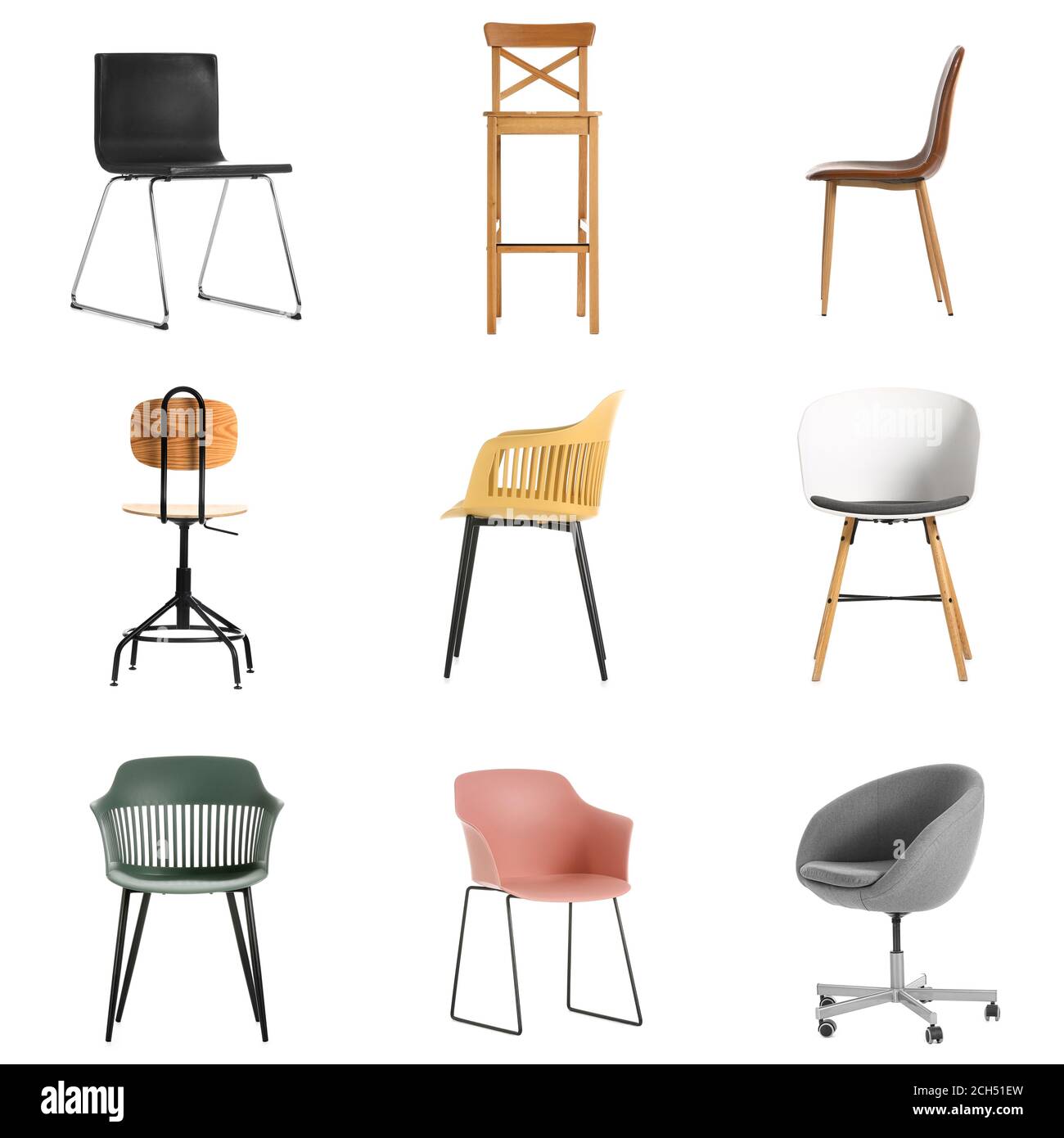 Collage of different trendy chairs on white background Stock Photo - Alamy