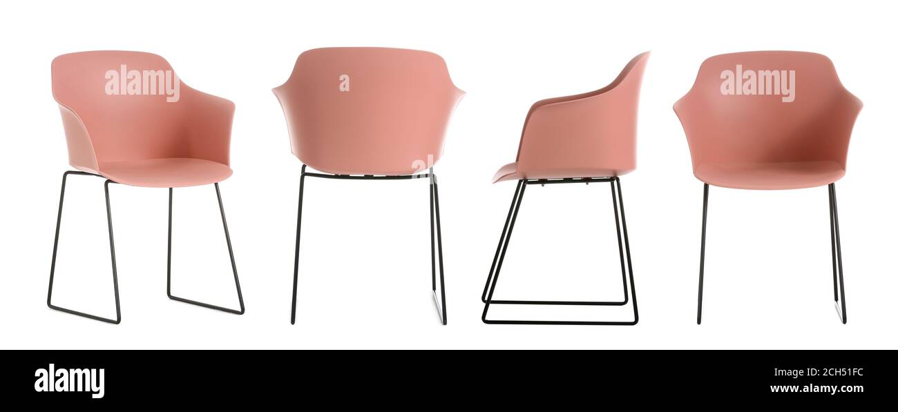 Set of modern plastic chairs on white background Stock Photo - Alamy
