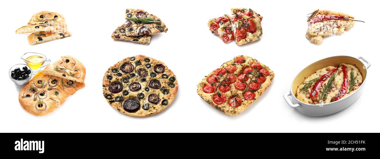 Different kinds of Italian focaccia on white background Stock Photo - Alamy