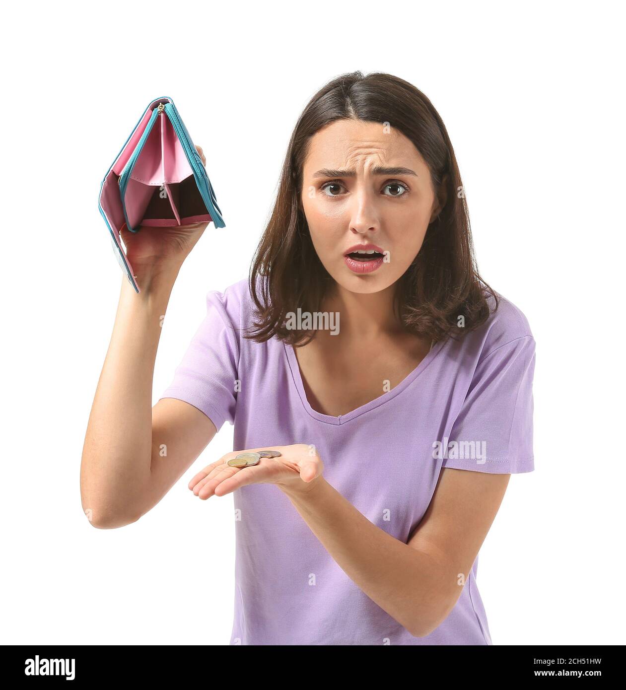 Worried young woman with empty wallet on white background Stock Photo ...