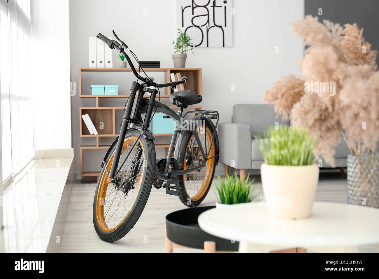 Stylish interior of room with bicycle Stock Photo - Alamy