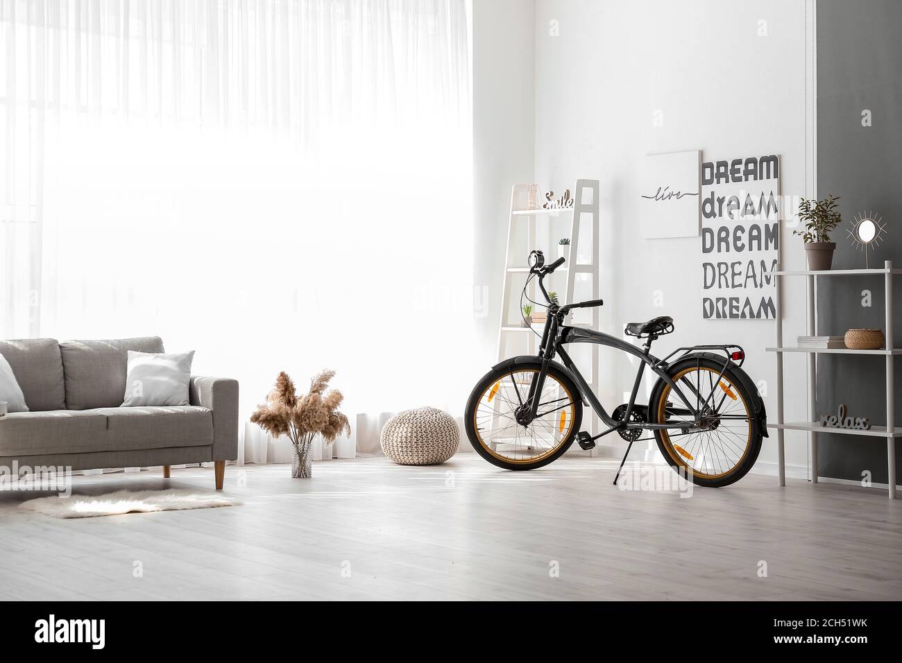 Stylish interior of room with bicycle and sofa Stock Photo - Alamy