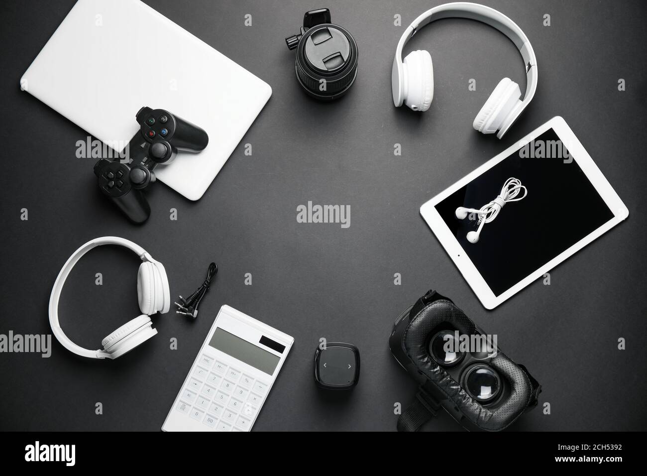 Frame made of different modern devices on dark background Stock Photo ...