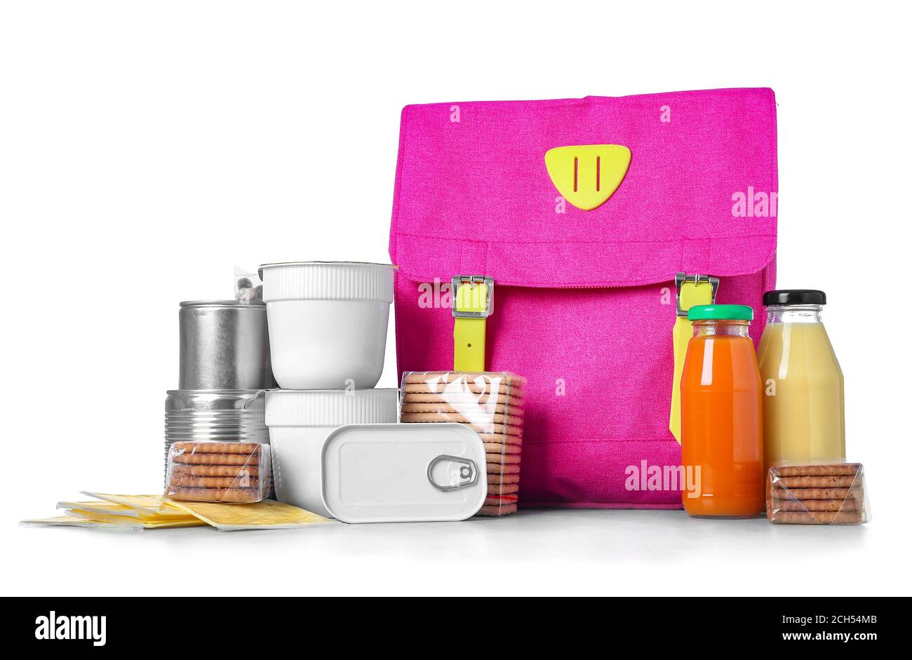 Schoolbag with different products on white background. Concept of ...