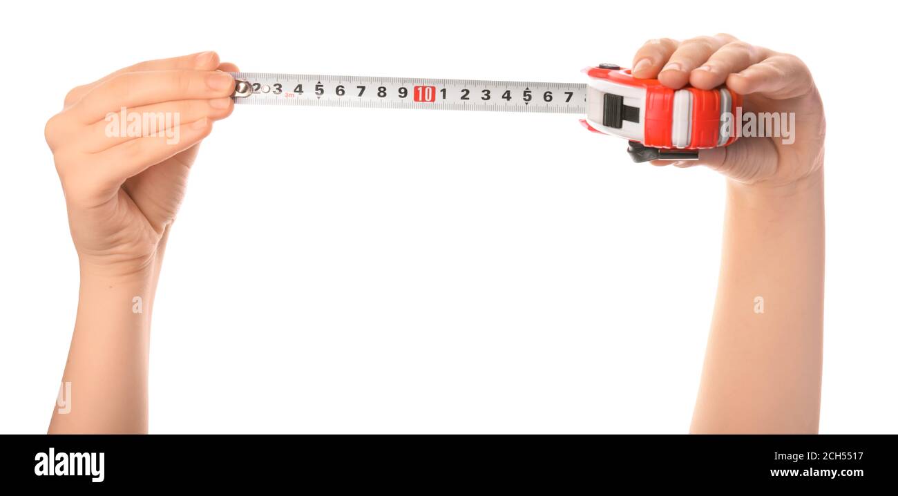 Female hands with measuring tape on white background Stock Photo - Alamy