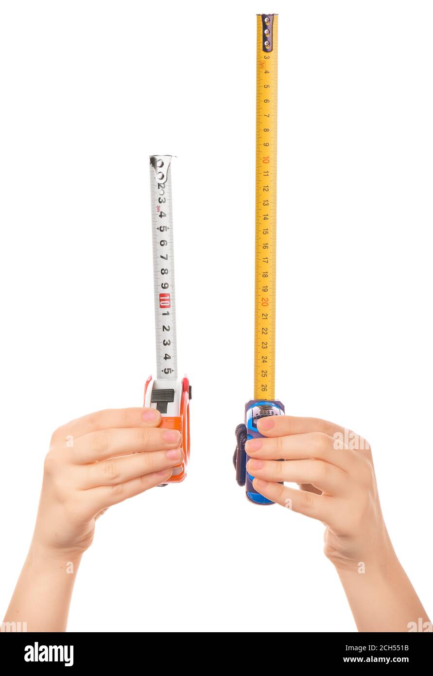 Female hands with measuring tapes on white background Stock Photo - Alamy