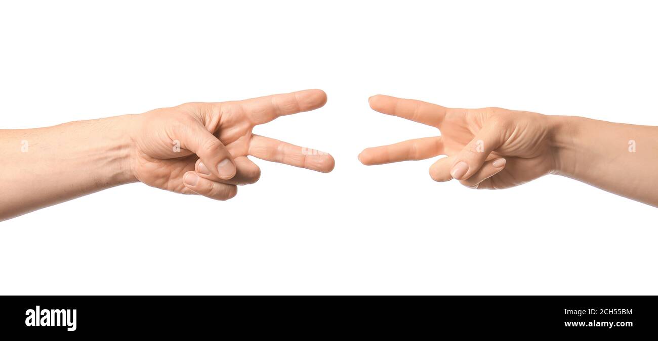 People playing roshambo game on white background Stock Photo - Alamy