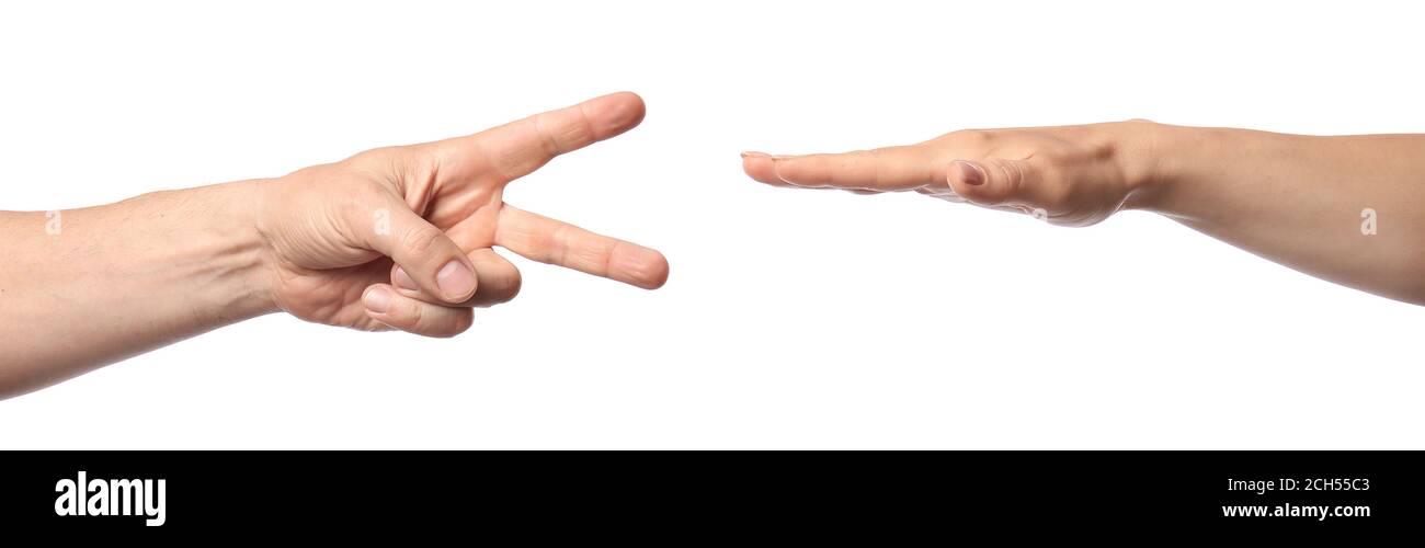 People playing roshambo game on white background Stock Photo - Alamy