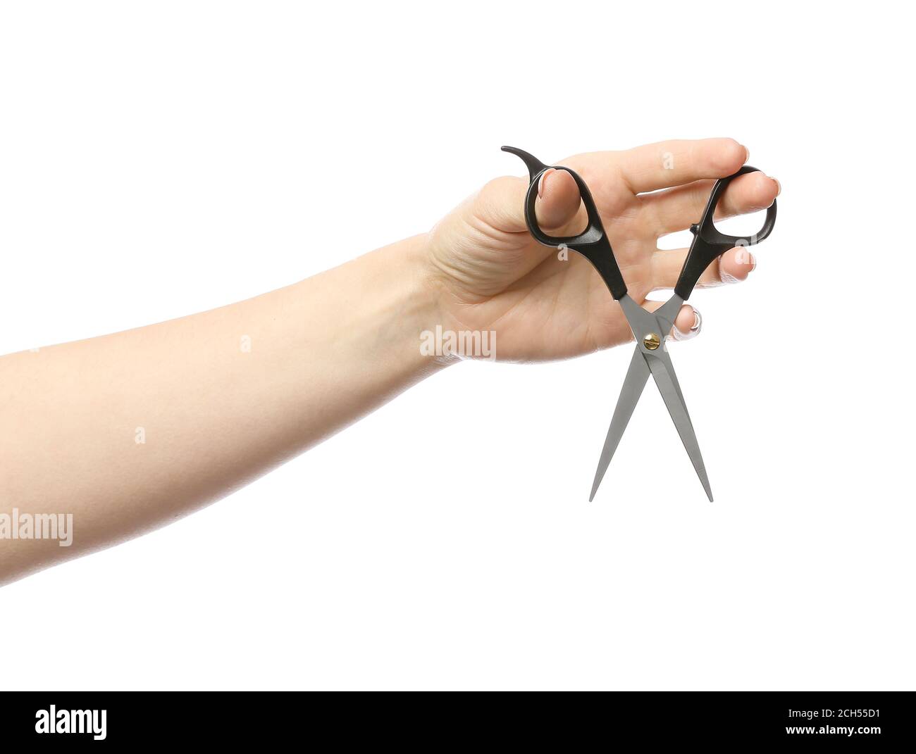 Female hand with hairdresser's scissors on white background Stock Photo ...