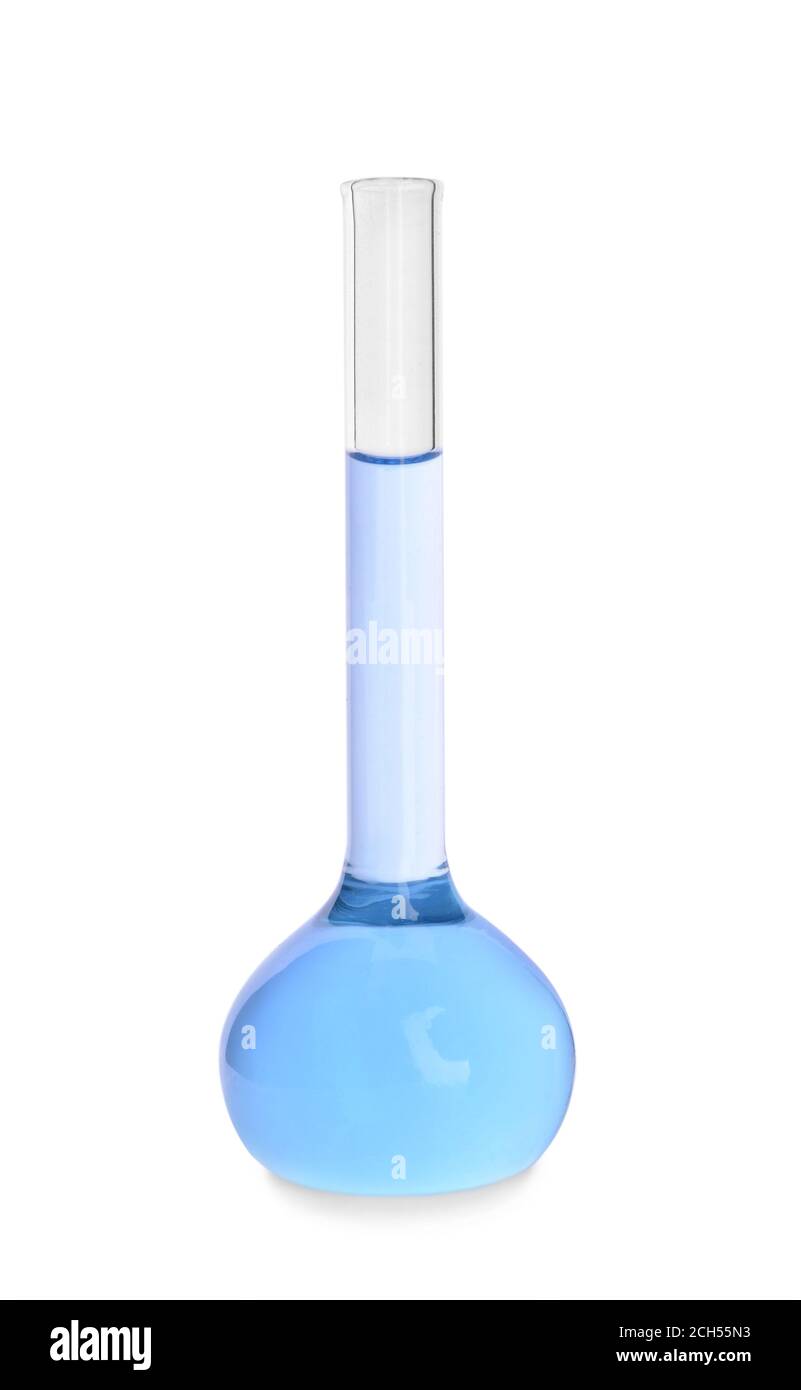 Flask with liquid on white background Stock Photo - Alamy