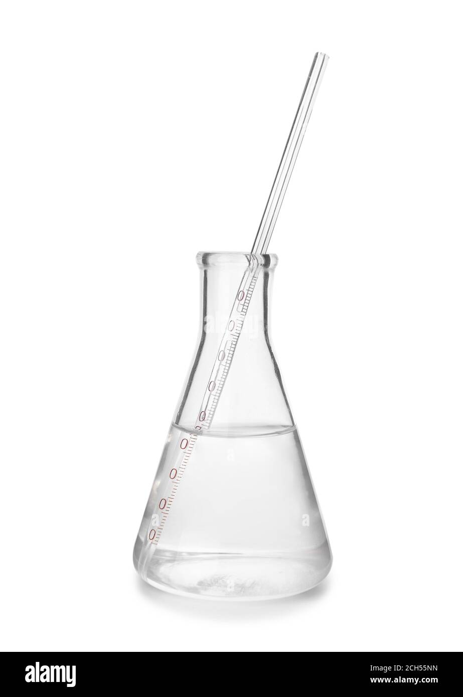 Flask with liquid on white background Stock Photo - Alamy