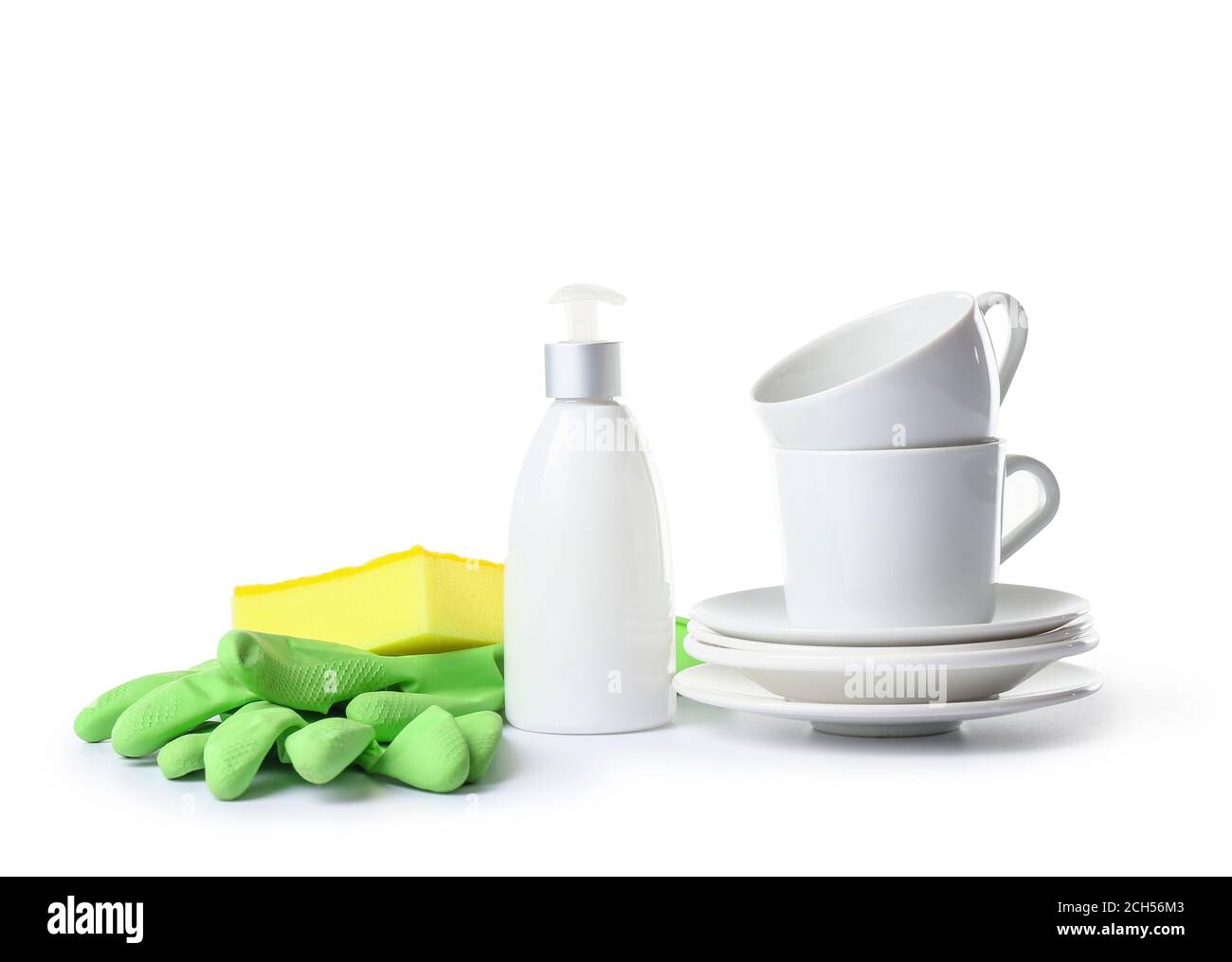 Clean tableware with detergent, sponge and gloves on white background ...